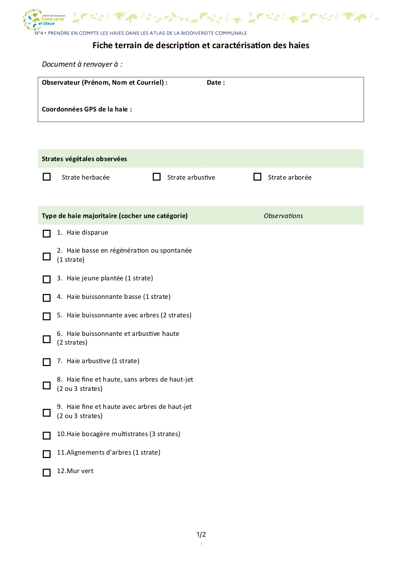 Méthode de description et de caractérisation des linéaires de haies - Fiche terrain et notice ...